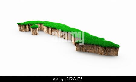 A 3D rendering of Cuba Map soil land geology cross section with green ...