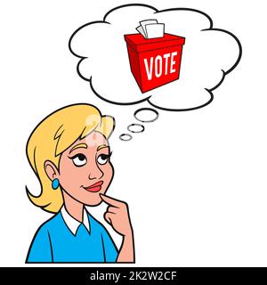 Girl thinking about a Voting Ballot Box - A cartoon illustration of a Girl thinking about a ...