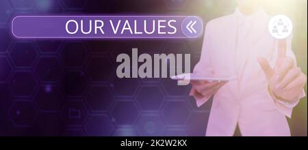 Conceptual caption Our Values. Business idea list of morals companies ...