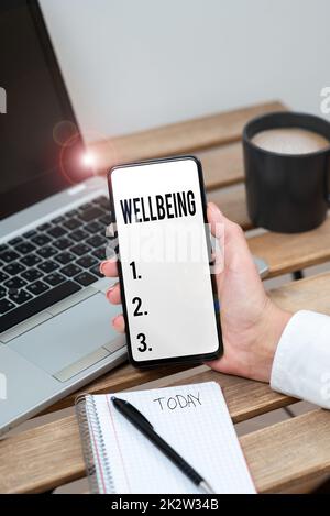 Text sign showing Wellbeing. Word Written on A good or satisfactory ...