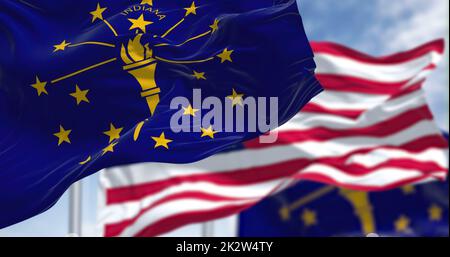 The national flag of the US state Indiana in against a gray textile rag ...