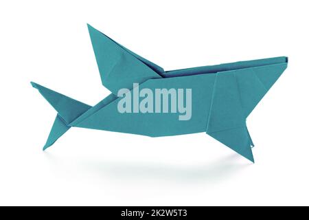 Blue paper shark origami isolated on a blank white background Stock ...