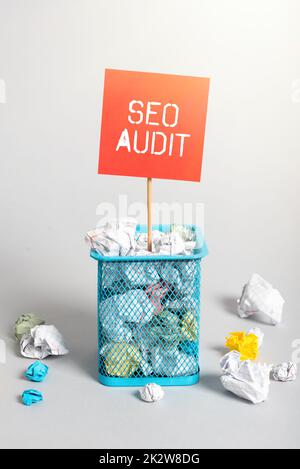 Sign displaying Seo Audit. Business overview Search Engine Optimization validating and verifying ...