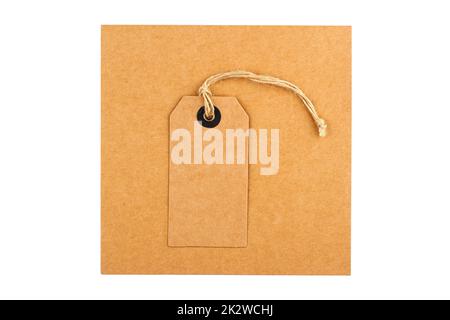 set of craft paper tag and envelope with textile thread isolated on ...