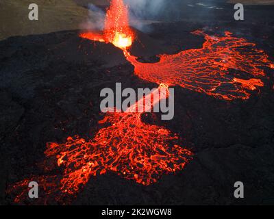 A beautiful shot of glowing red molten lava magma after the Meradalir ...