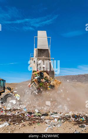 A semitrailer trailer is in a landfill tipper waiting to be dumped out ...