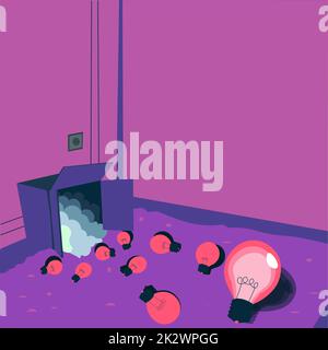 Glowing light bulbs scattered floor represent out of box ideas. Many ...