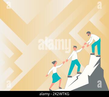 Thee Colleagues Climbing Upwards Mountain Reaching Success Presenting ...