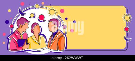 Three Colleagues Standing Sharing Thoughts Together With Speech Bubbles And Assorted S ...