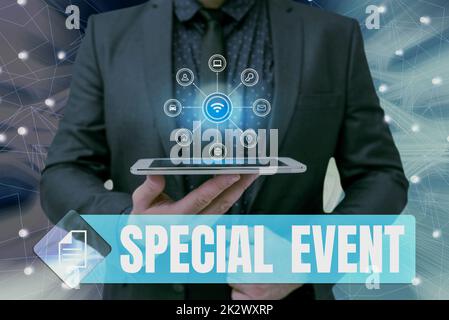 Text caption presenting Special Event. Business overview Function to ...