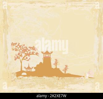 old paper with Chinese temple on abstract Asian Landscape Stock Photo ...