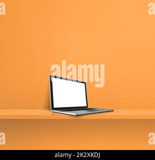 Laptop computer on orange shelf. Vertical background Stock Photo - Alamy