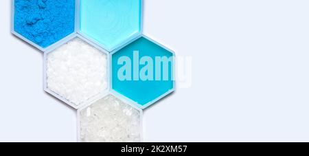 Chemical ingredient in hexagonal molecular shaped container. Hair ...