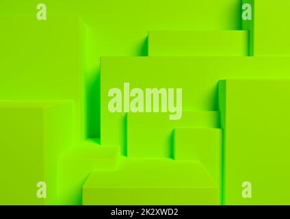 Bright, neon green 3D rendering of top view flat lay product display cylinder podium or stand ...