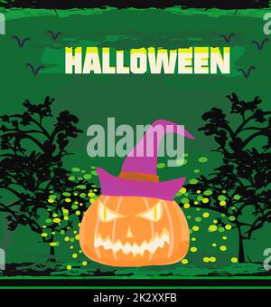 broken halloween pumpkin on grunge green background vector illustration ...