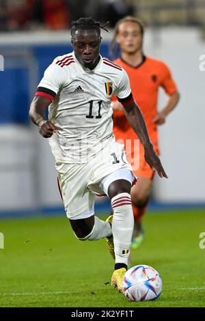 Belgium's Jeremy Doku controls the ball during a friendly soccer game ...