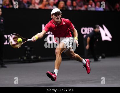 Team World's Alex de Minaur, of Australia, celebrates after winning a ...