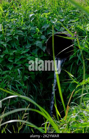 A natural spring of water flows from the hillside in the mountains of ...