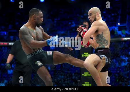 Kane Mousah (left) in action against Dylan Tuke in their Lightweight bout during the PFL Europe ...