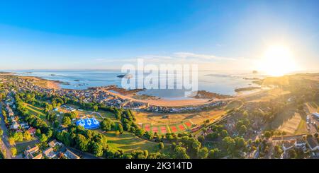 Aerial view of North Berwick with Big Top in the Lodge Gardens hosting ...