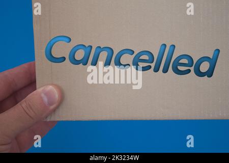 Cancelled word with cardboard box. Brown folded card box Stock Photo ...