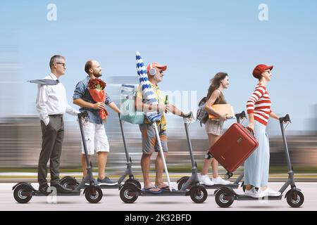 Crowd of diverse people riding electric scooters in the city street ...