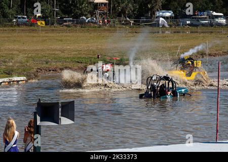 3 swamp buggies, racing, water splashing, contest, motion, sport ...
