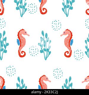 Marine seamless pattern with sea horses and shells on a green ...