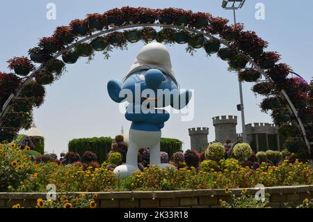 A giant blue Smurf at the Smurfs Village in the Dubai Miracle Garden ...