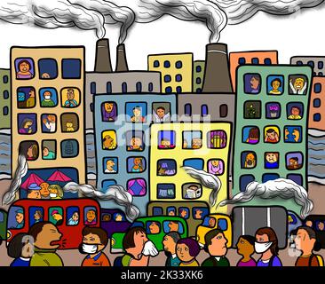 The daily stress of people living in the city with pollution in crowded ...