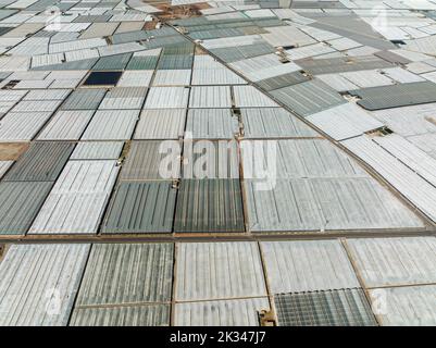 Masses of shimmering plastic greenhouses near El Ejido, aerial view ...