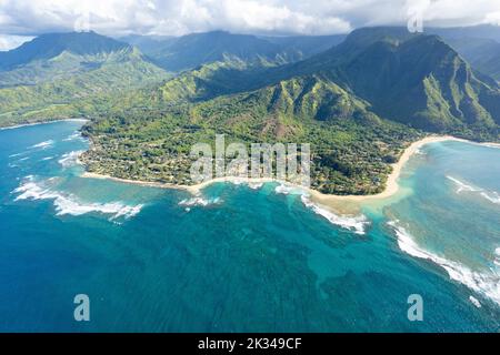 Aerial view Ke'e Beach, Haena Beach, Tunnels Beach, Kepuhi Beach, Kauai ...