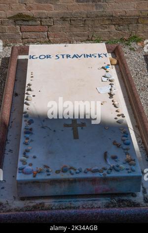 The grave of the musician and composer Igor Stravinsky at San Michele Cemetery. Photo shooting ...