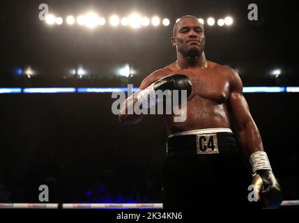 Cheavon Clarke celebrates victory in the cruiser weight bout at the OVO ...
