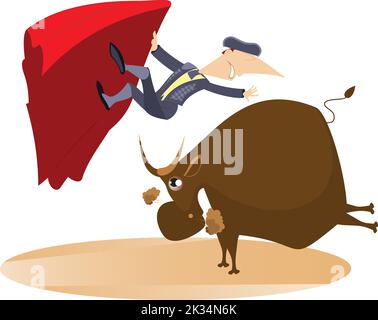 Bullfighter and the rage bull isolated. Bull raised the bullfighter by ...