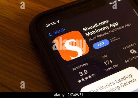 Logo of Shaadi on its website on an iPhone. Shaadi.com is an Indian ...