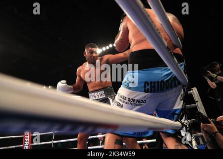 Solomon Dacres (left) in action against Ariel Esteban Bracamonte in the ...
