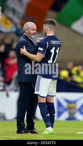 Scotland manager Steve Clarke and Ryan Christie during a training ...
