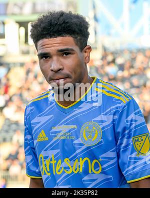 Philadelphia Union defender Nathan Harriel #26 kicks the ball away from ...