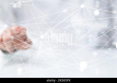 Business and technology concept with networking grid and man using ...