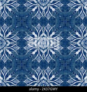 Indigo blue snow flake damask pattern background. Frosty painterly ...
