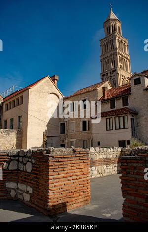A vertical shot of Split Catholic Cathedral on blue sky background in ...