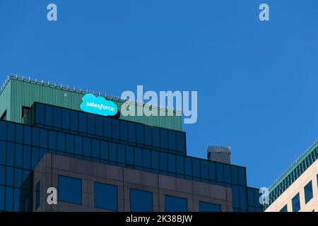 Salesforce cloud logo at software company headquarters. Close up - San ...