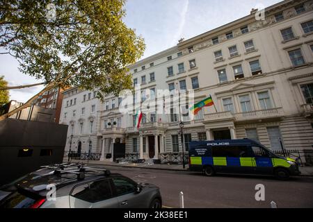 The sign for the Iranian embassy is seen on the ground outside the ...