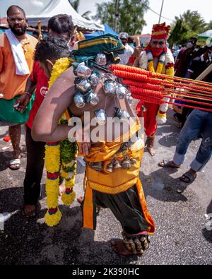 A Hindu devotee seen with sharp self piercing on body as ceremonial act ...