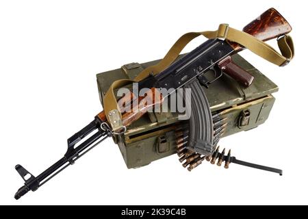 ak47 bayonet on green army crate with ammunition isolated on white ...