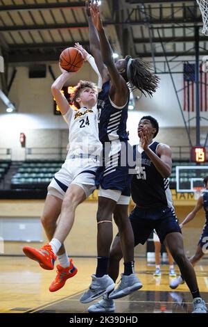 A vertical of athletic basketball players competing for the ball ...
