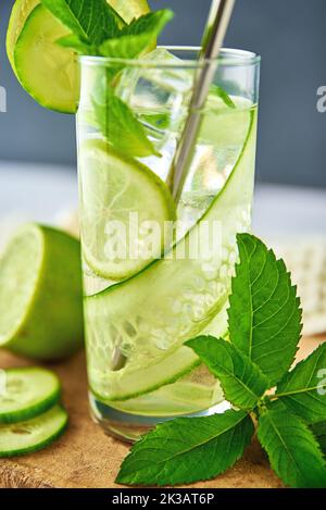 Cucumber, lime and mint lemonade. Refresment summer drink, Glass of ...
