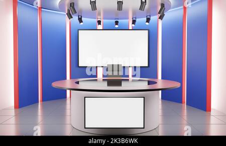 glass table and lcd background in the news studio room.3d rendering ...