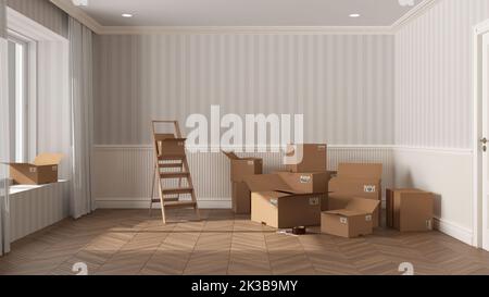 Cardboard carton boxes stack in modern empty room, interior design ...